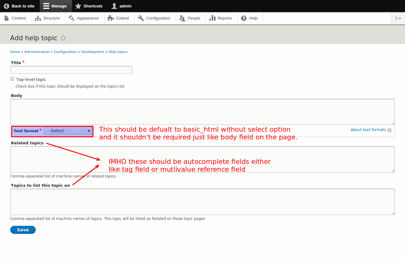 Add a config entity for a configurable, topic-based help system [#2351991] | Drupal.org